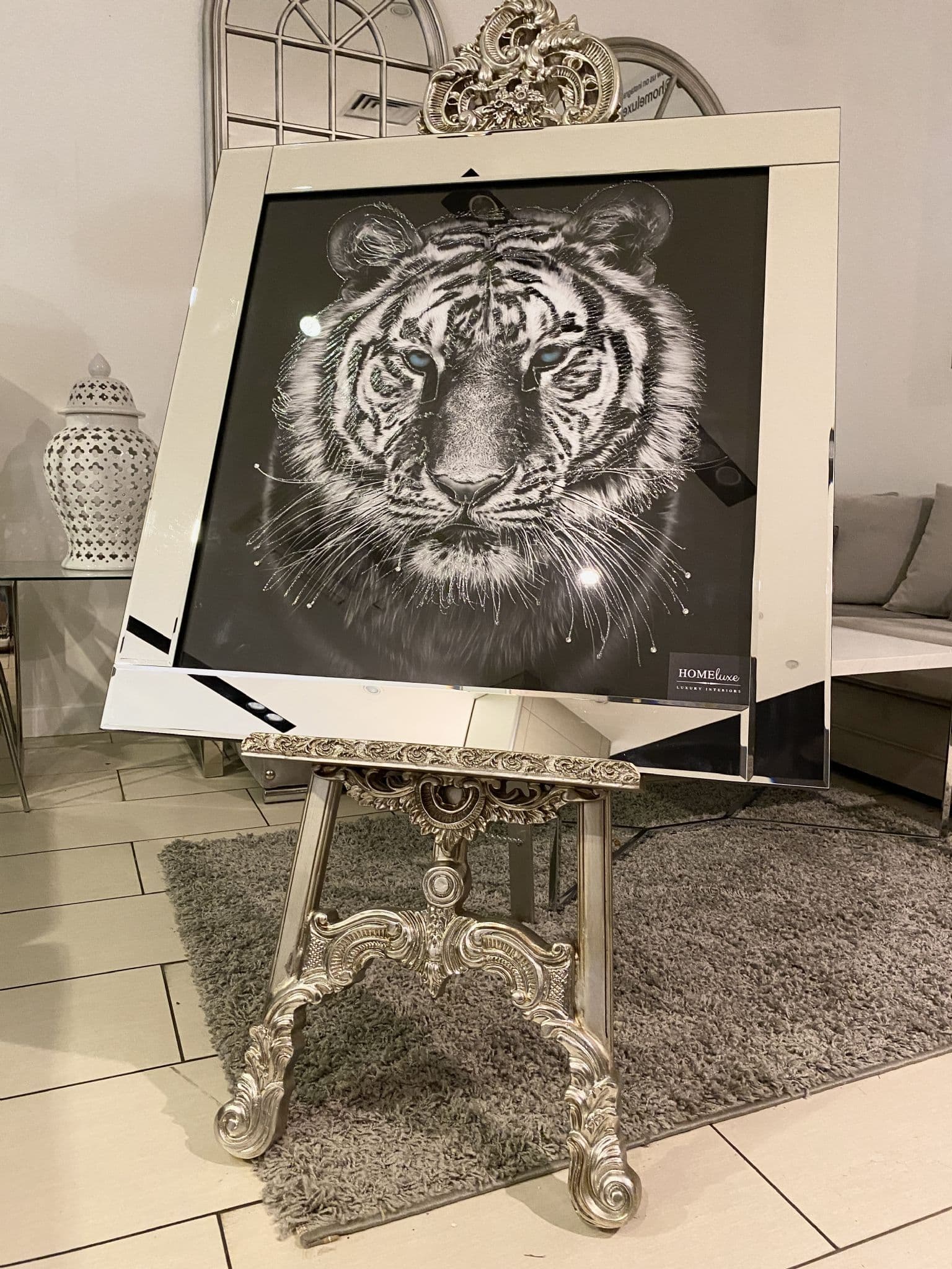 White Tiger Face Wall Art Mirror Frame 85Cm X 85Cm