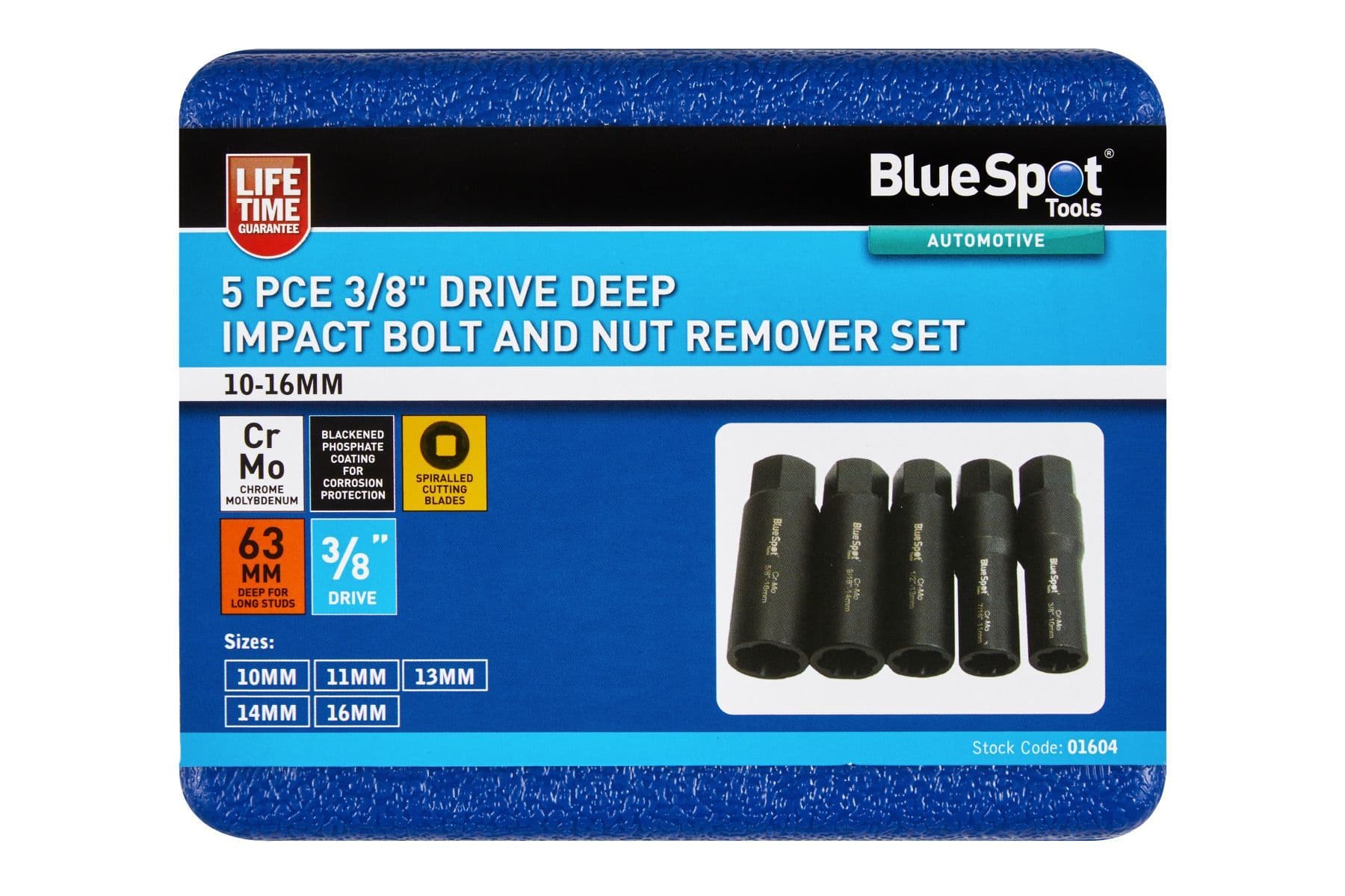 Blue Spot 01604 Deep Impact Bolt And Nut Remover Set 10-16mm 5 Piece 3/8D