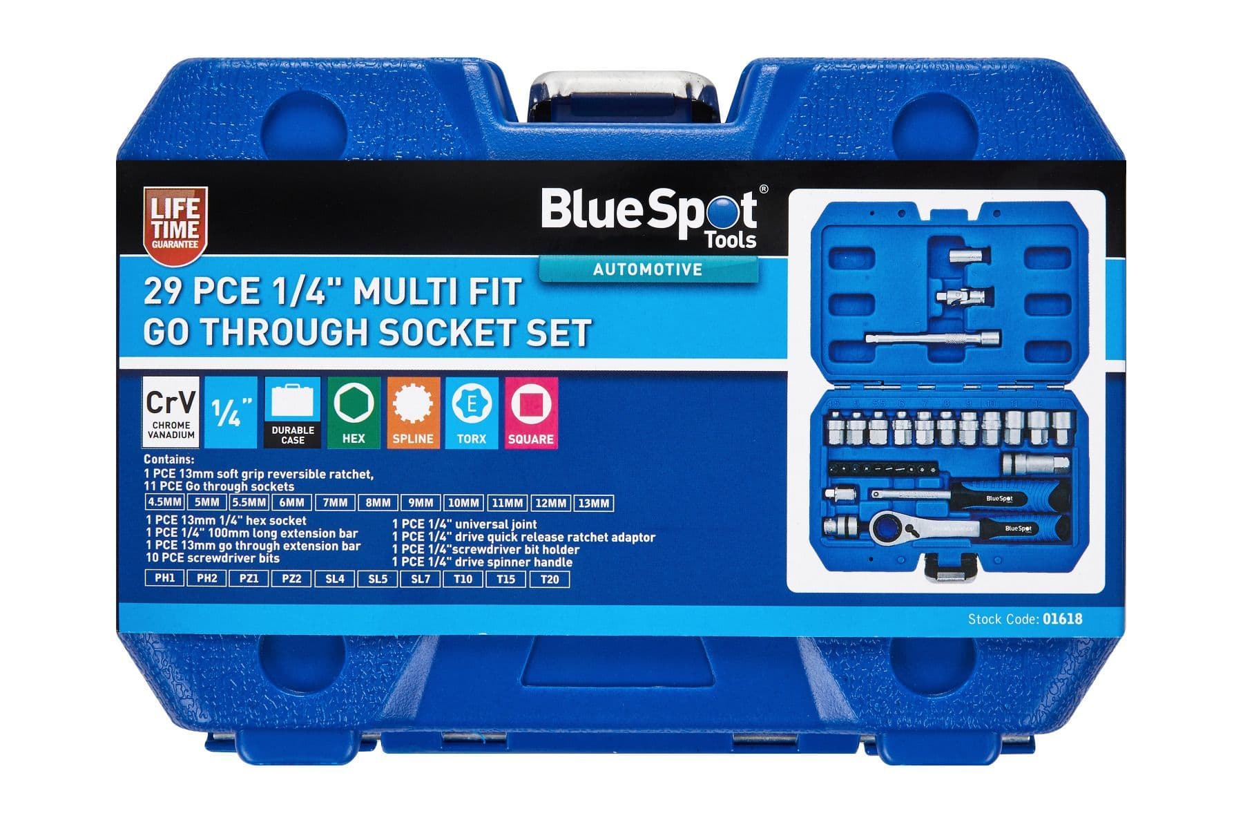 Blue Spot 01618 1/4" Multi Fit Go Through Sockets 29 Piece Set 4 5-13mm