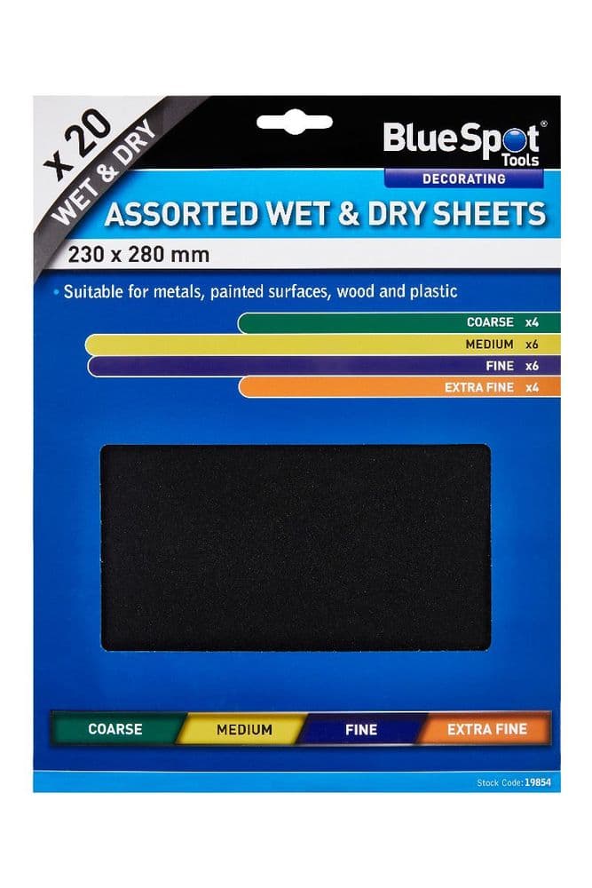 Blue Spot 19854 20 Piece Assorted Wet And Dry Sandpaper Sheets