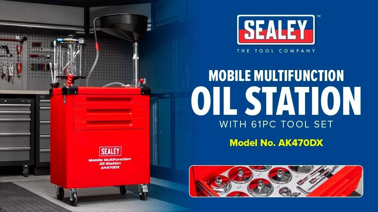 Sealey AK470DX Multi-Function Oil Drainer Work Station with 61pc Tool Set