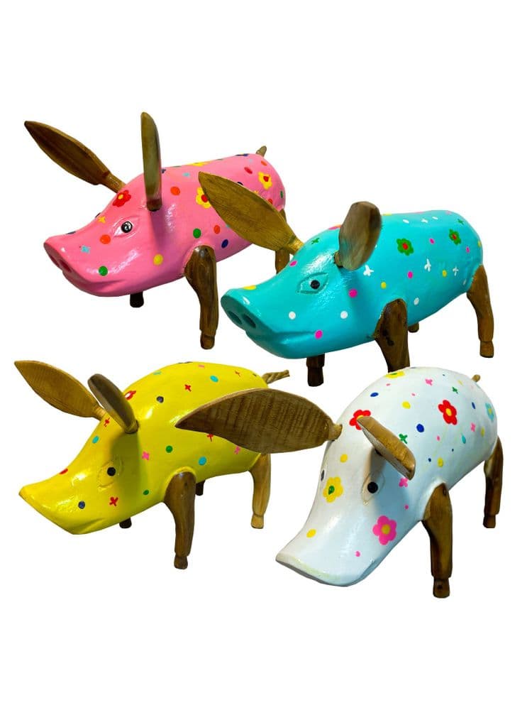 Painted Wood & Bamboo Root Pig