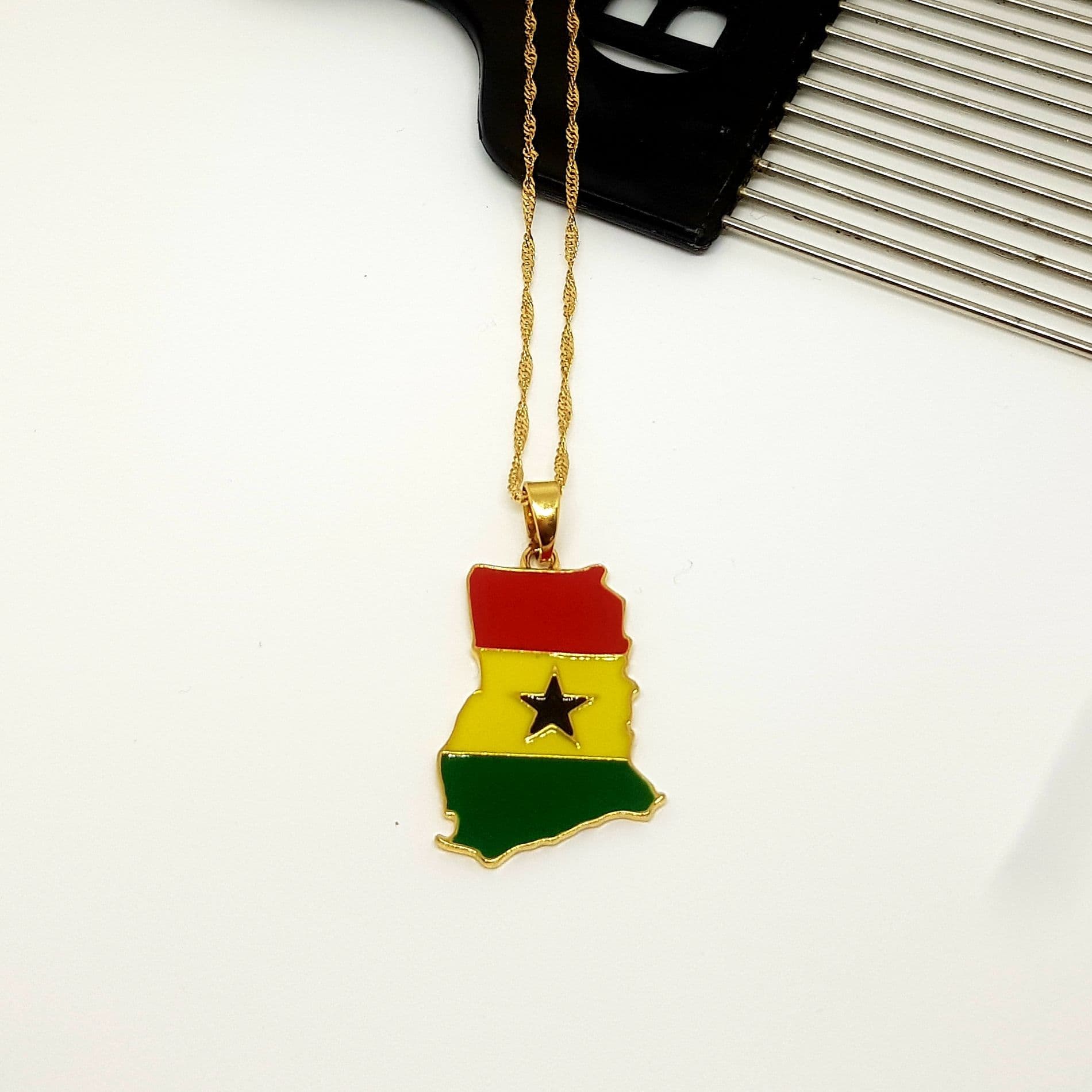 Ghana Coloured Flag Chain & Pendant-Gold
