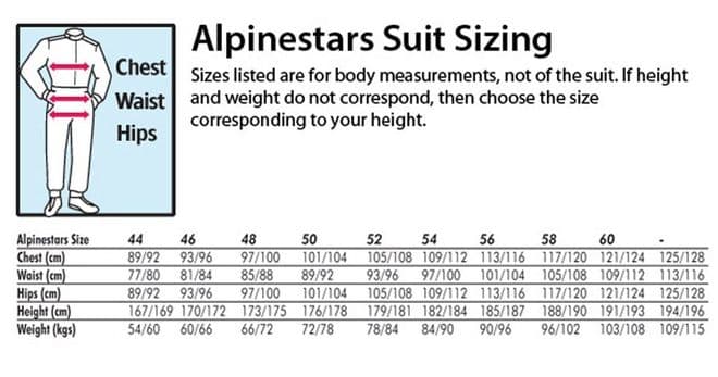 ALPINE STARS SUIT SIZE CHART