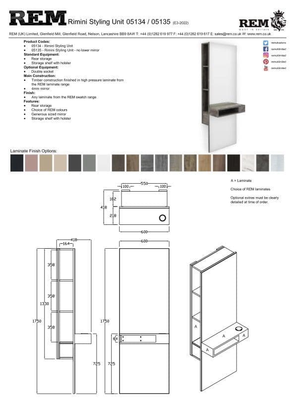 REM Rimini Wall Mounted Styling Unit with Rear Storage