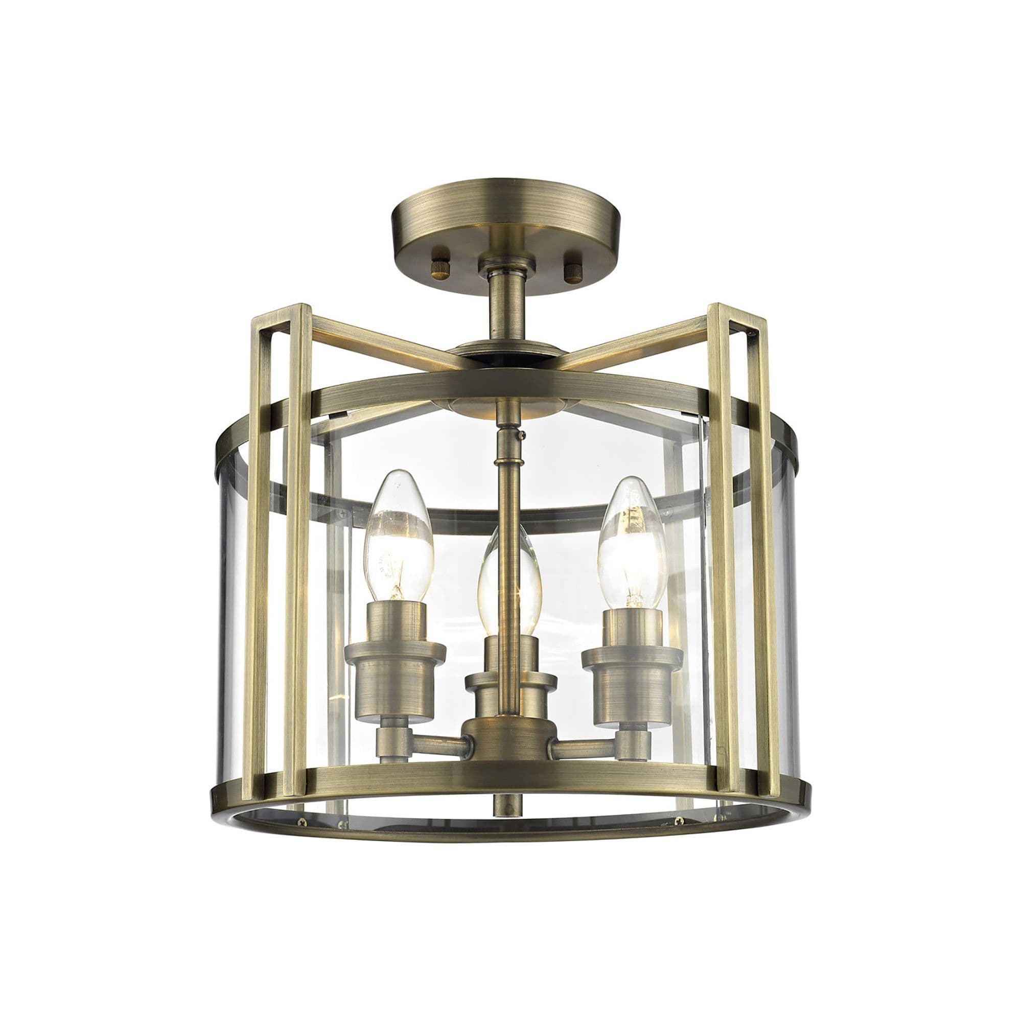 Clive Semi Ceiling 3 Light E14 Antique Brass/Glass