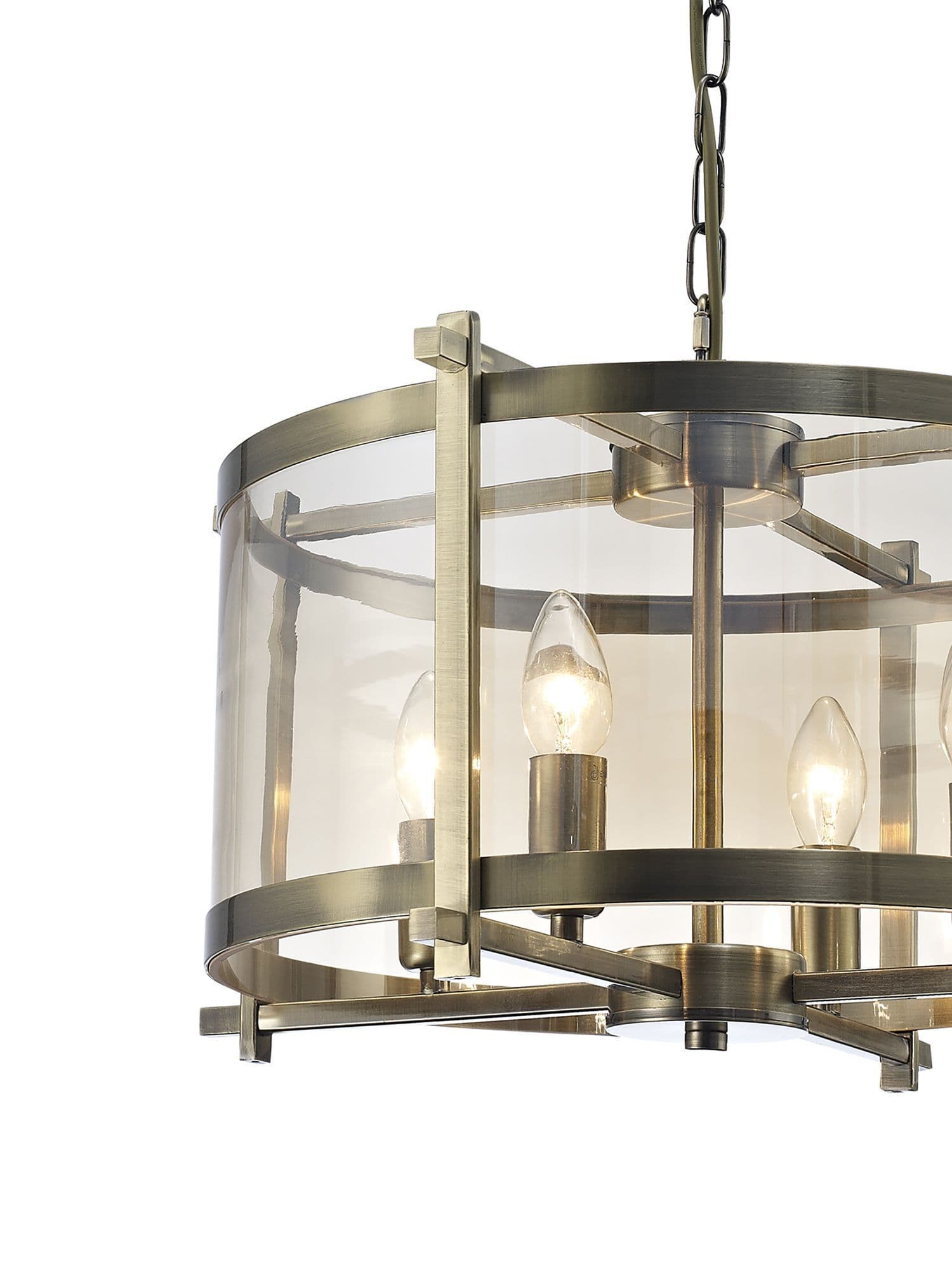 Nolan Single Medium Pendant 4 Light E14 Antique Brass/Amber Glass