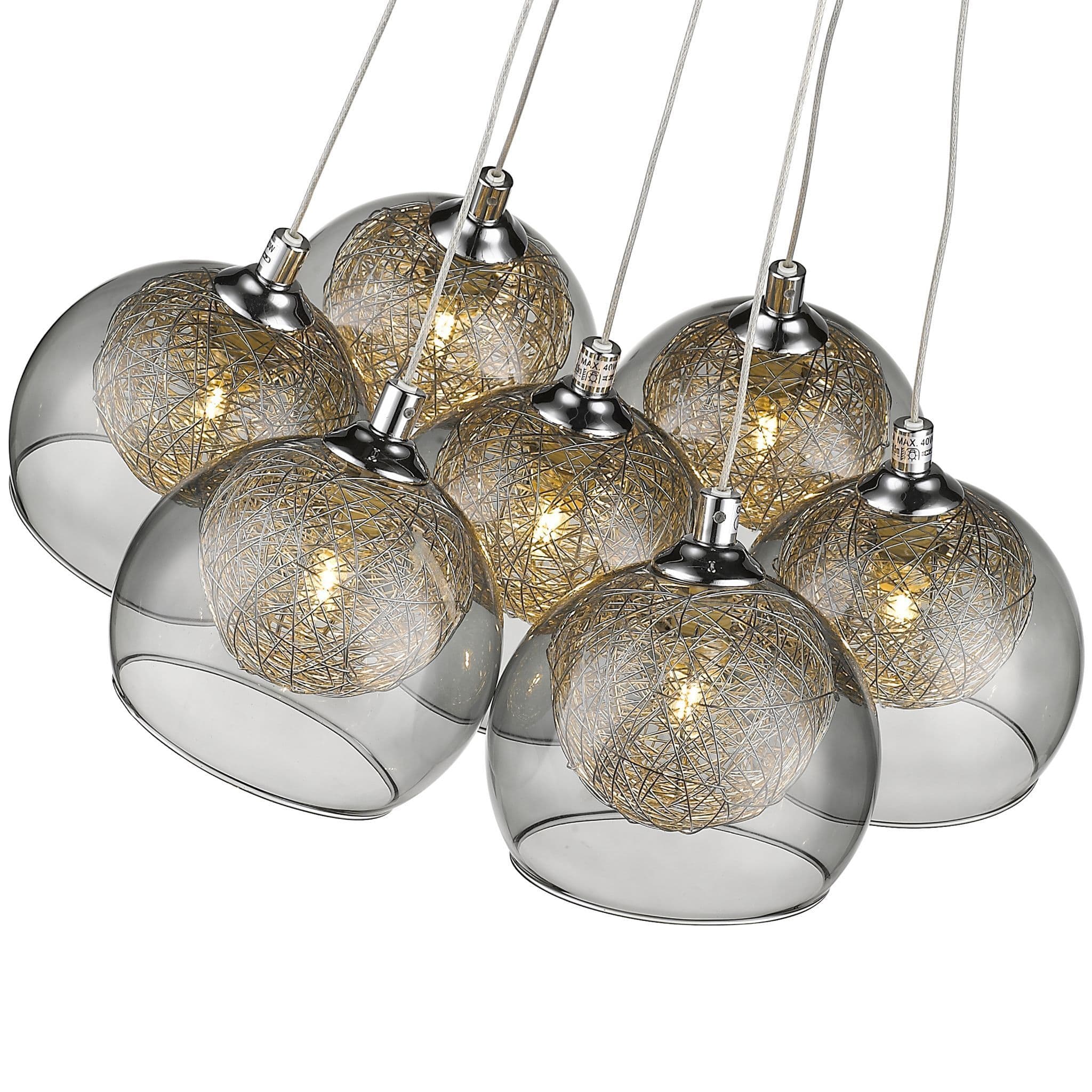 Faling 7 Light Cluster Pendant in Chrome with Smoked Grey Glasses