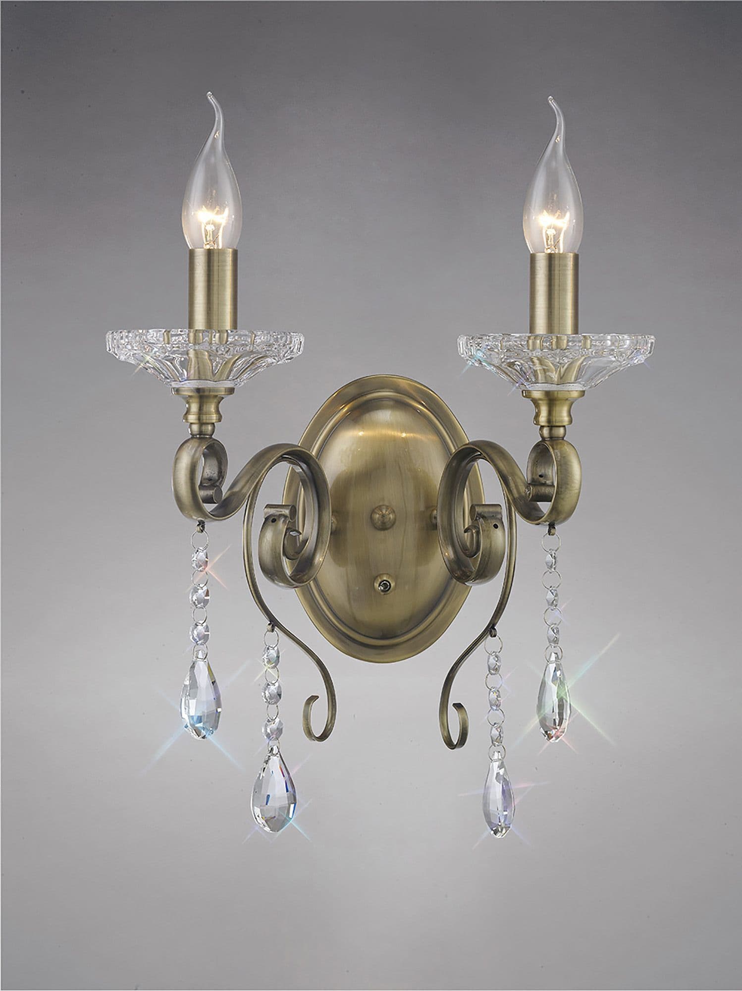 Garfield Wall Lamp Switched 2 Light E14 Antique Brass/Crystal