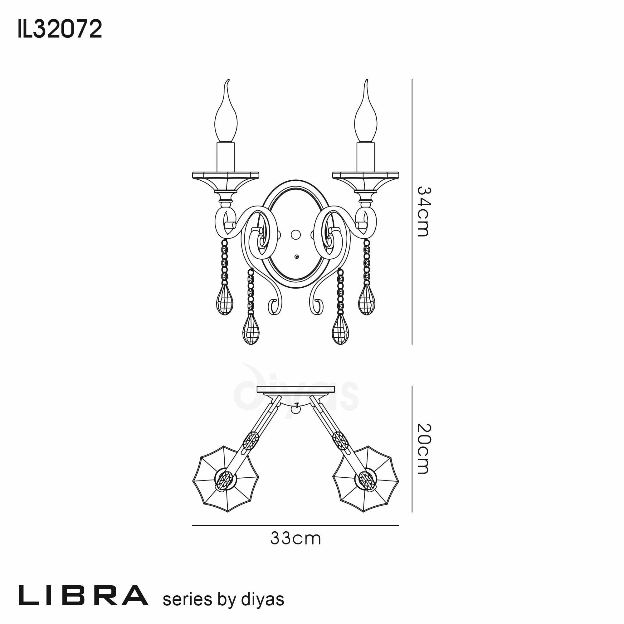 Garfield Wall Lamp Switched 2 Light E14 Antique Brass/Crystal