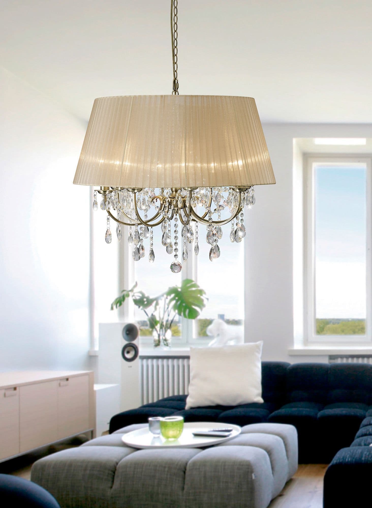 Gregory 5 Light Chandelier Pendant With Ivory Cream Shade E14 Polished Chrome frame with Crystal