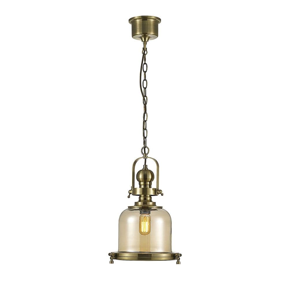 Horace Single Small Bell Pendant 1 Light E27 Antique Brass/Cognac Glass