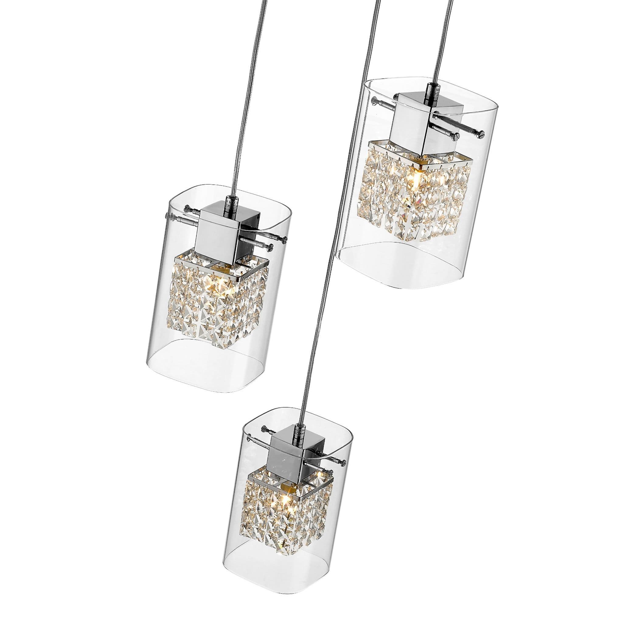 Meyton 3 Light Multi Drop Fitting In Chrome Finish with Crystal and Glass