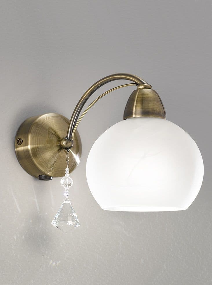 Thea 1 Wall Light Switched Antique Brass Bronze Alabster Opal Glass With Crystal Drops GSBFL2278/1