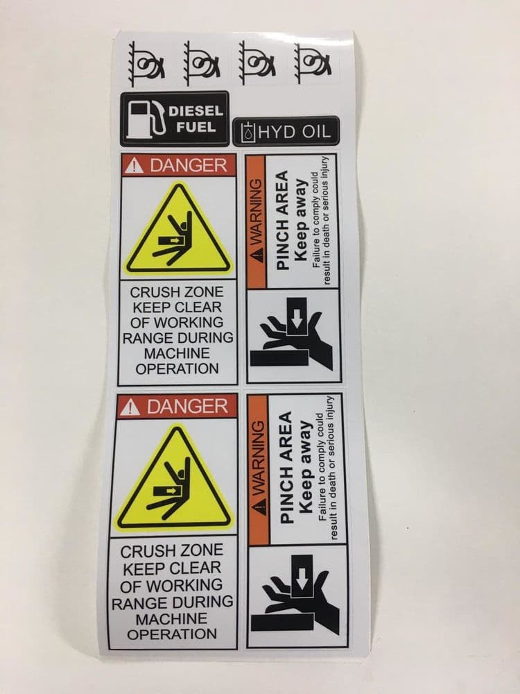 Excavator Crush & Pinch Zone Safety Decal Sticker Set