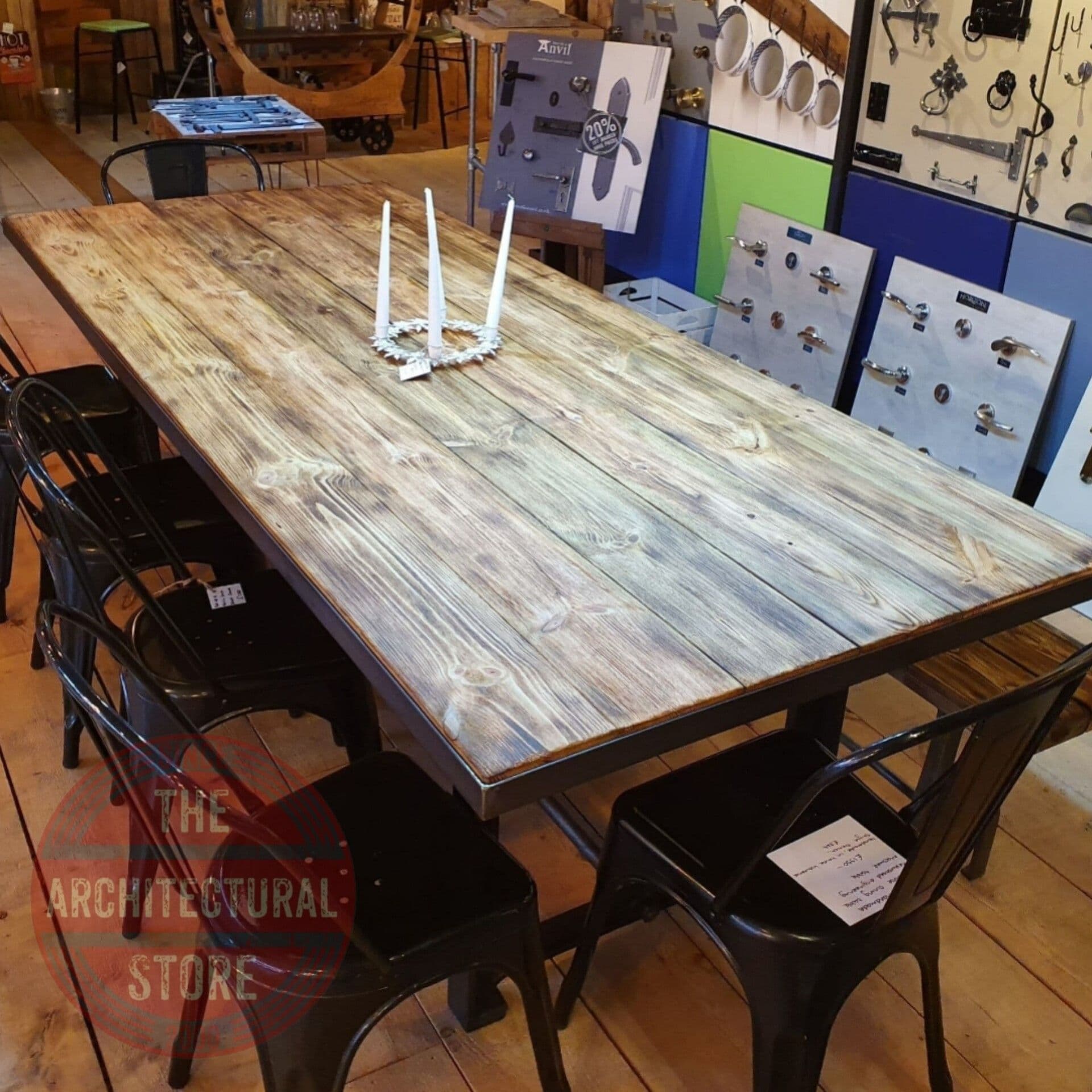 Burnt Style Table Top On Industrial Legs