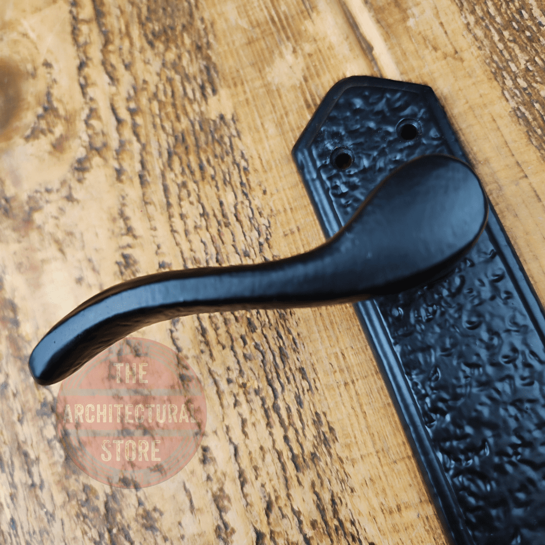 Classic Sprung Lever Door Handle On Antique Black Decorative Backplate