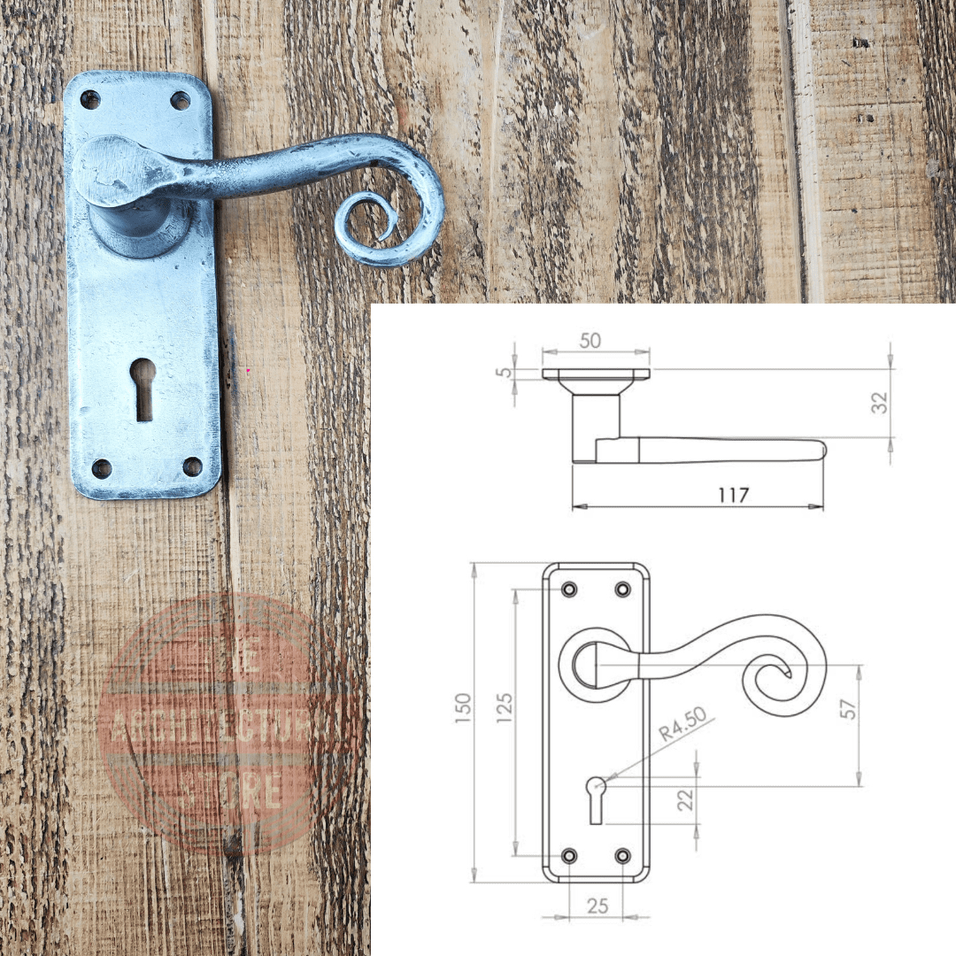 Curled Monkeytail Pewter Sprung Lever Door Handle On Key Plate