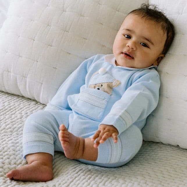 Emile et Rose Boys Hudson Blue Knit Teddy Outfit and Hat Emile et Rose Blue