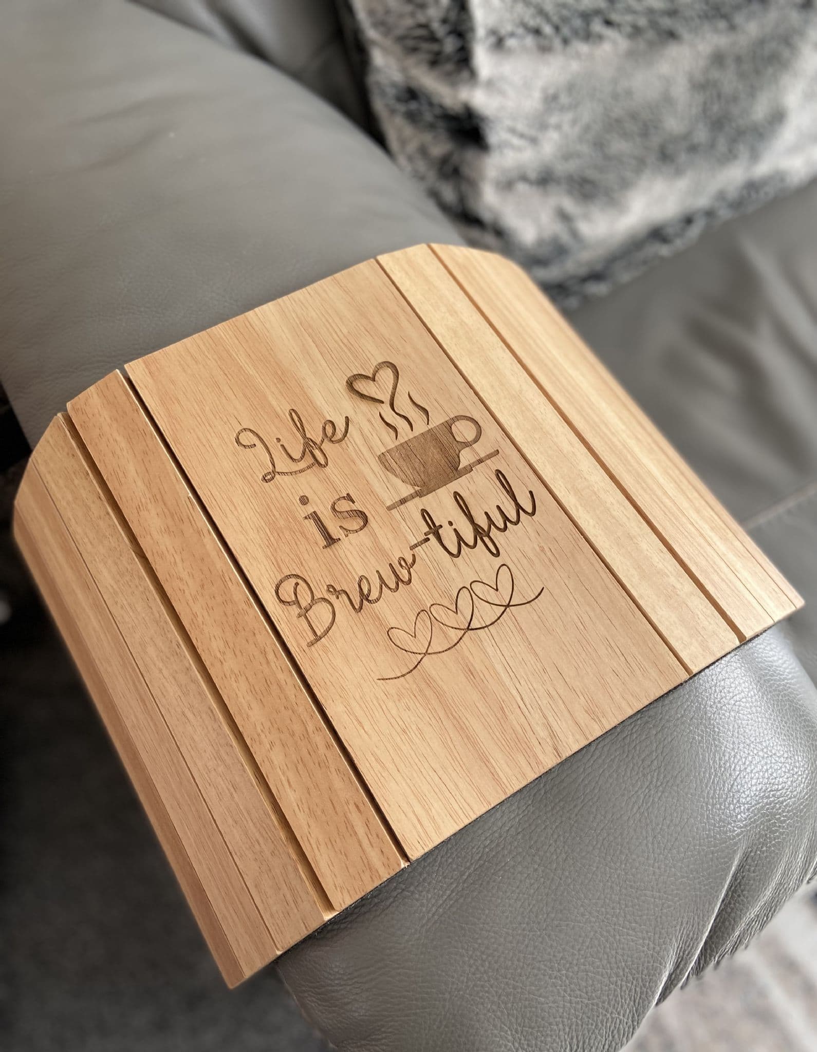 Personalised wooden sofa arm chair tray