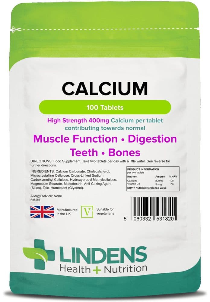 Calcium High Strength 400mg x 100 Tablets; Bones Muscle Function; Lindens
