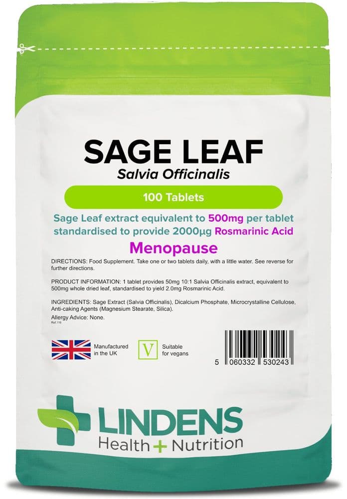 Sage Leaf 500mg x 100 Tablets; Menopause; Lindens