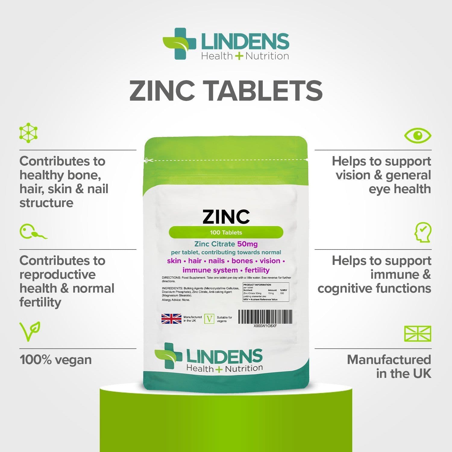Zinc Citrate 50mg x 100 Tablets; One A Day; Skin Bones Immune; Lindens