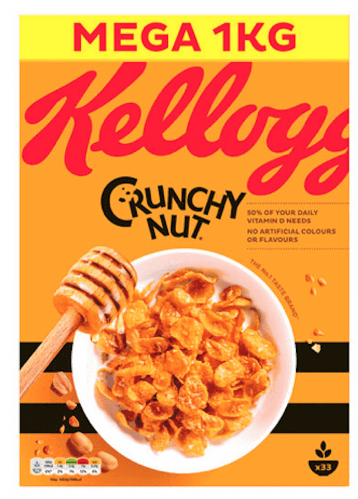 Kellogg s Crunchy Nut Honey & Nut Flakes 1kg Box x6 Approx 198 Bowls