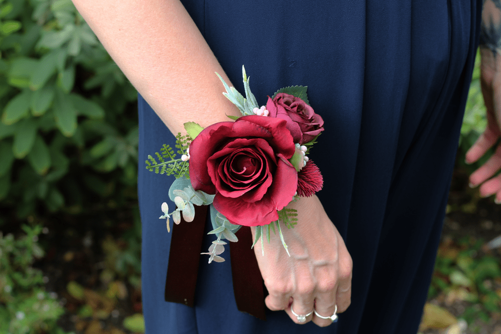 Hera Artificial Burgundy Rose Corsage - Wedding Wrist Corsage - Ladies ...