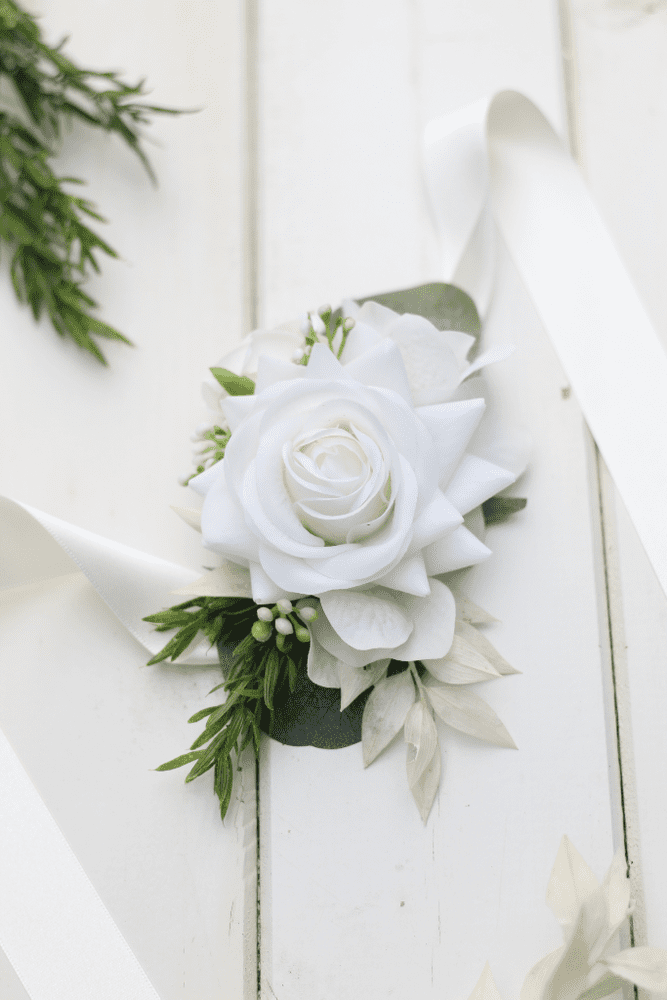 Real Touch Ivory White Rose Wrist Corsage-Prom White Rose Corsage