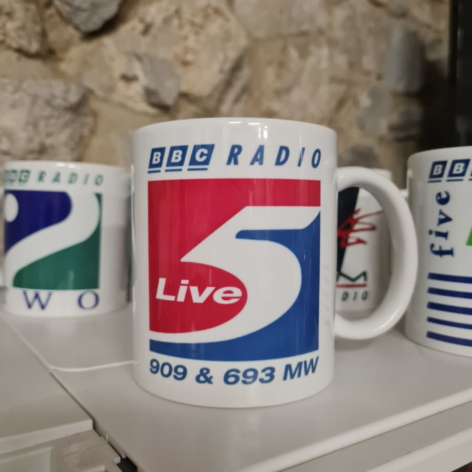 Retro Radio 5 Five Live 1994 logo mug cup rebrand relaunch logo
