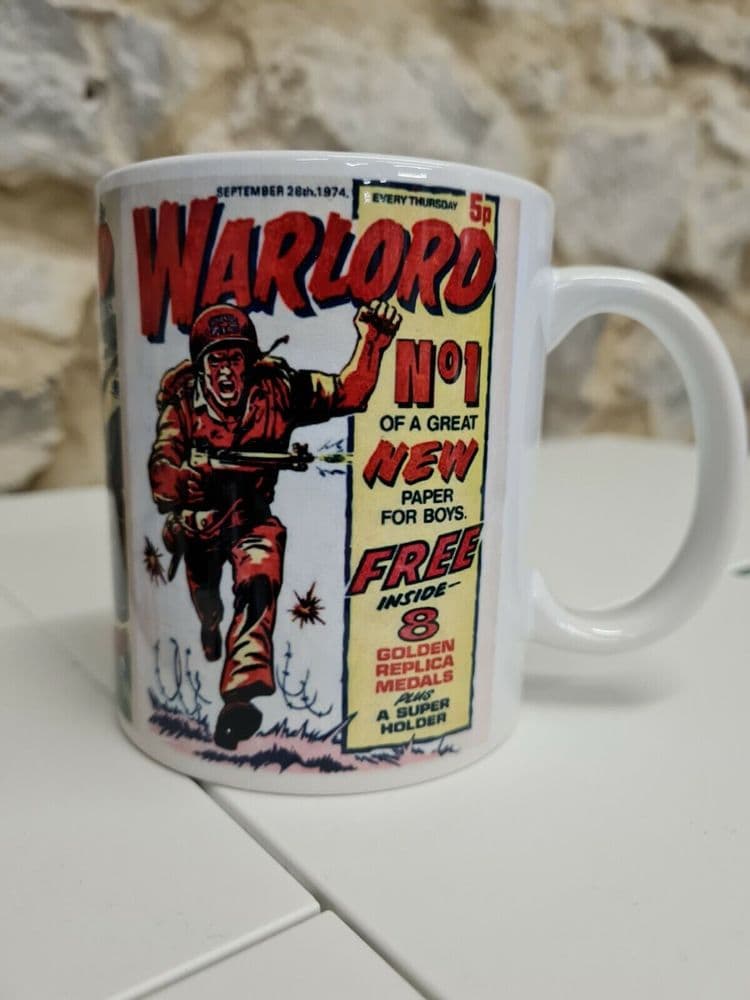 Warlord Comic Cup Mug featuring covers of issues 1 and 16 War Lord