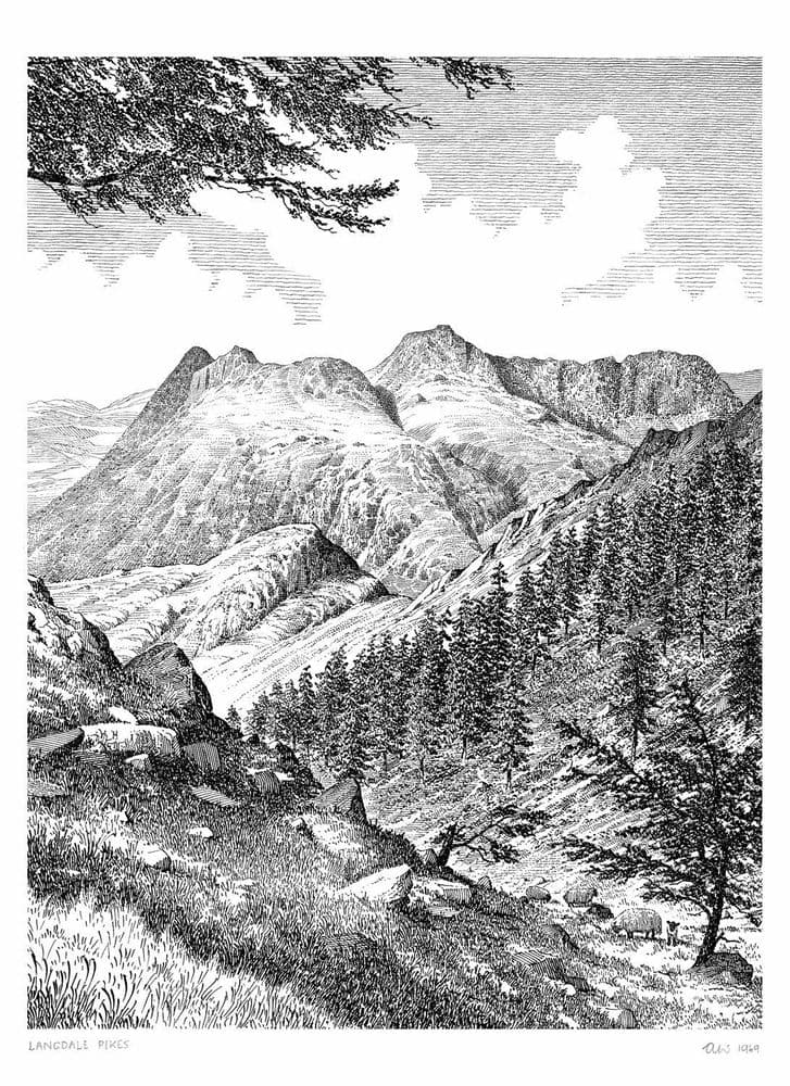 Unframed Wainwright Print - Langdale Pikes