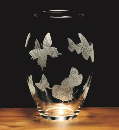 Butterflies Engraved Glass Vase 160mm