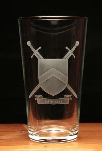 Medieval Shield and Swords Engraved Pint Beer Glass