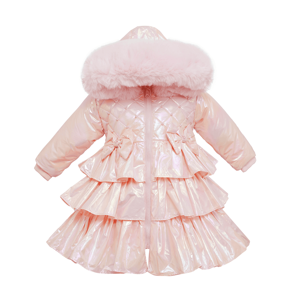 SALE Pink Iridescent Puffer Coat Frilly Bottom with Faux Fur Hood "MYD406P"