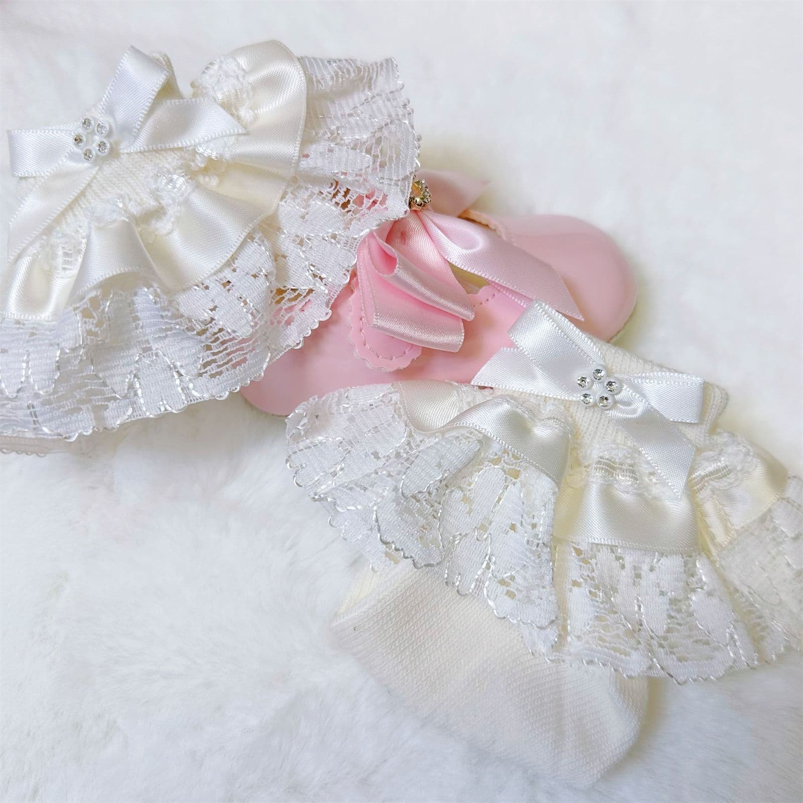 Ivory Frilly Socks with Diamante Buckle Bow 0 0