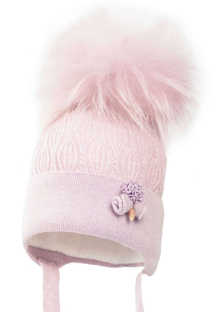 Jamiks Kids Baby Girl Pink Flower Wool Hat with Fur Pom "KAMILA"