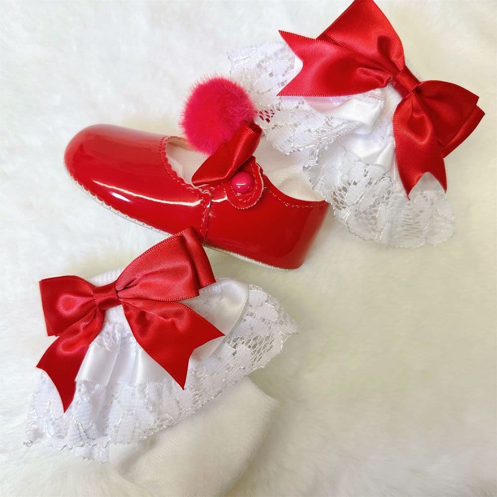 Red Spanish Big Double Bow Frilly Socks
