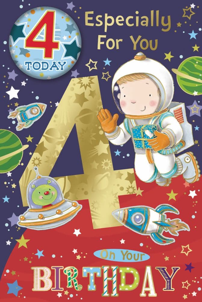 4th Birthday Badge Card Male Design - Candy Club - Greetings Cards