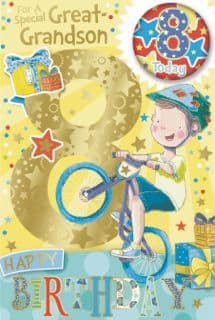Great Grandson 8th Birthday Badge Card - Candy Club - Greetings Cards