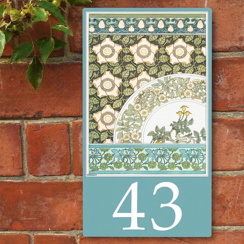 Wild rose house sign in Arts & Crafts style