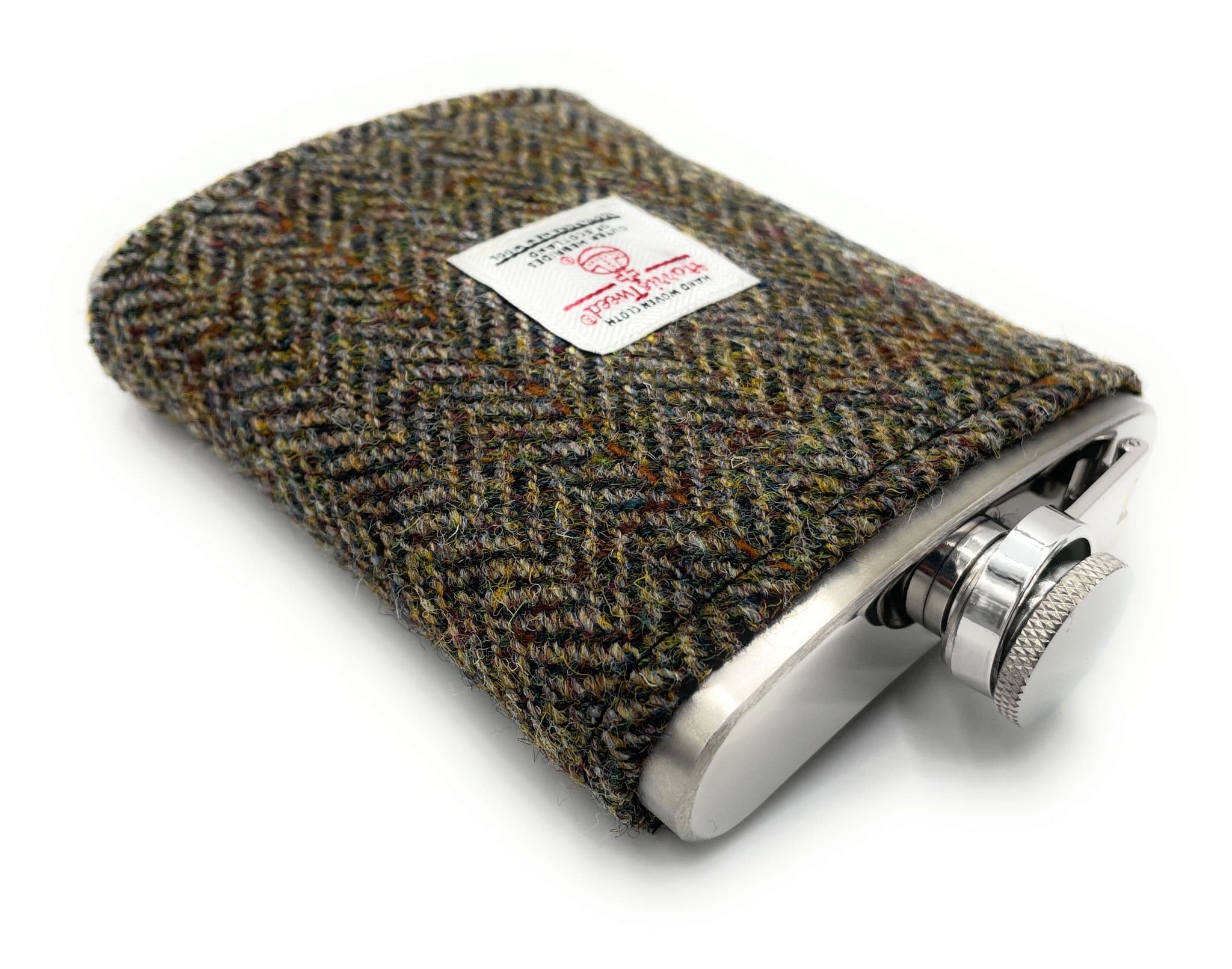Brown Herringbone Harris Tweed 8oz Hip Flask