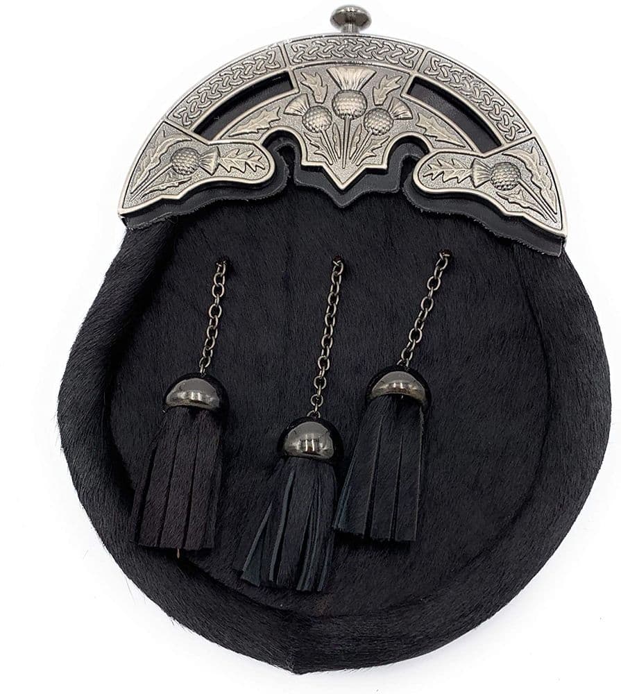 Full Dress Black Antique Thistle Mantle Kilt Sporran & Chain Belt