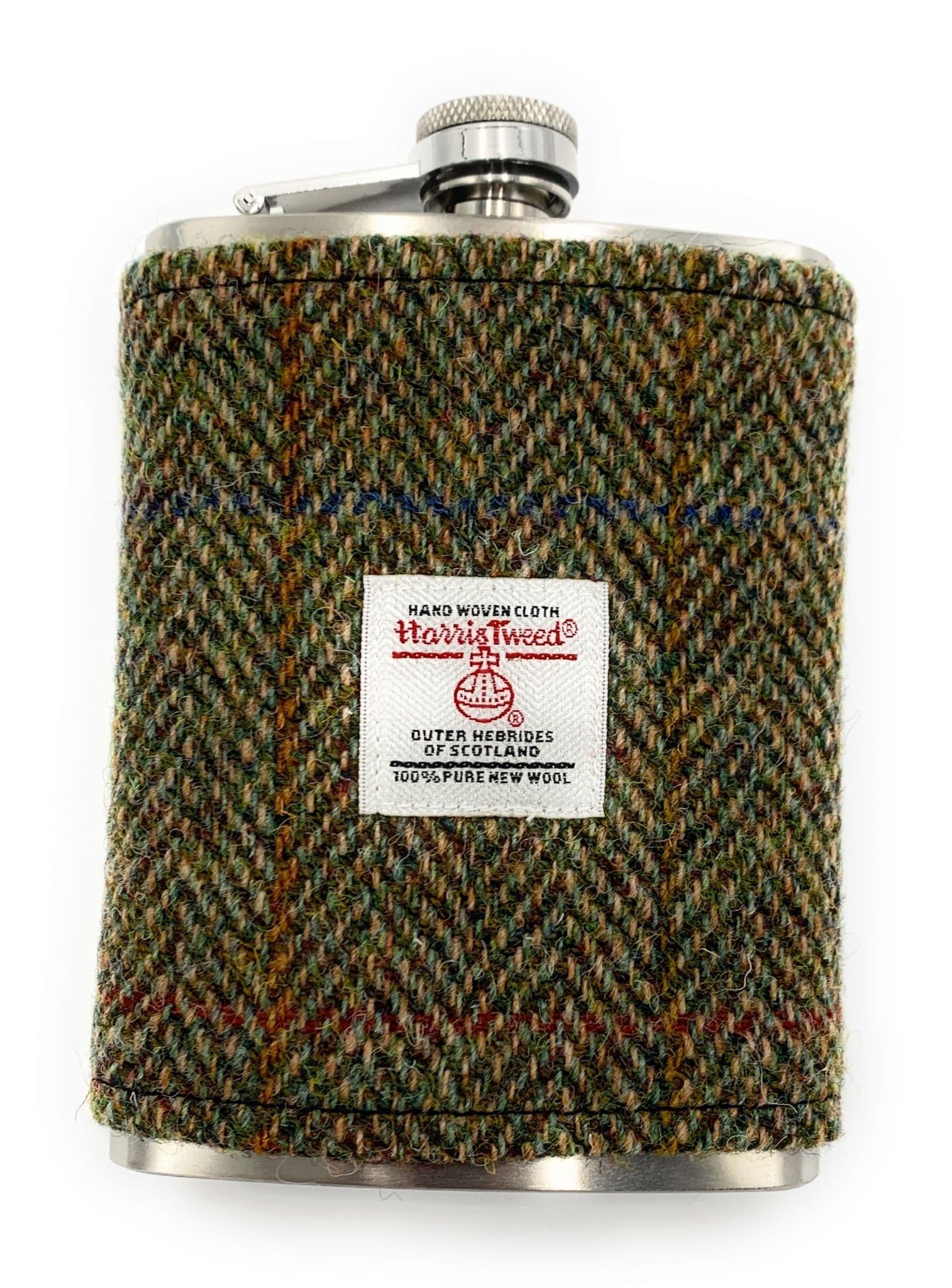 Green Herringbone Harris Tweed 8oz Hip Flask