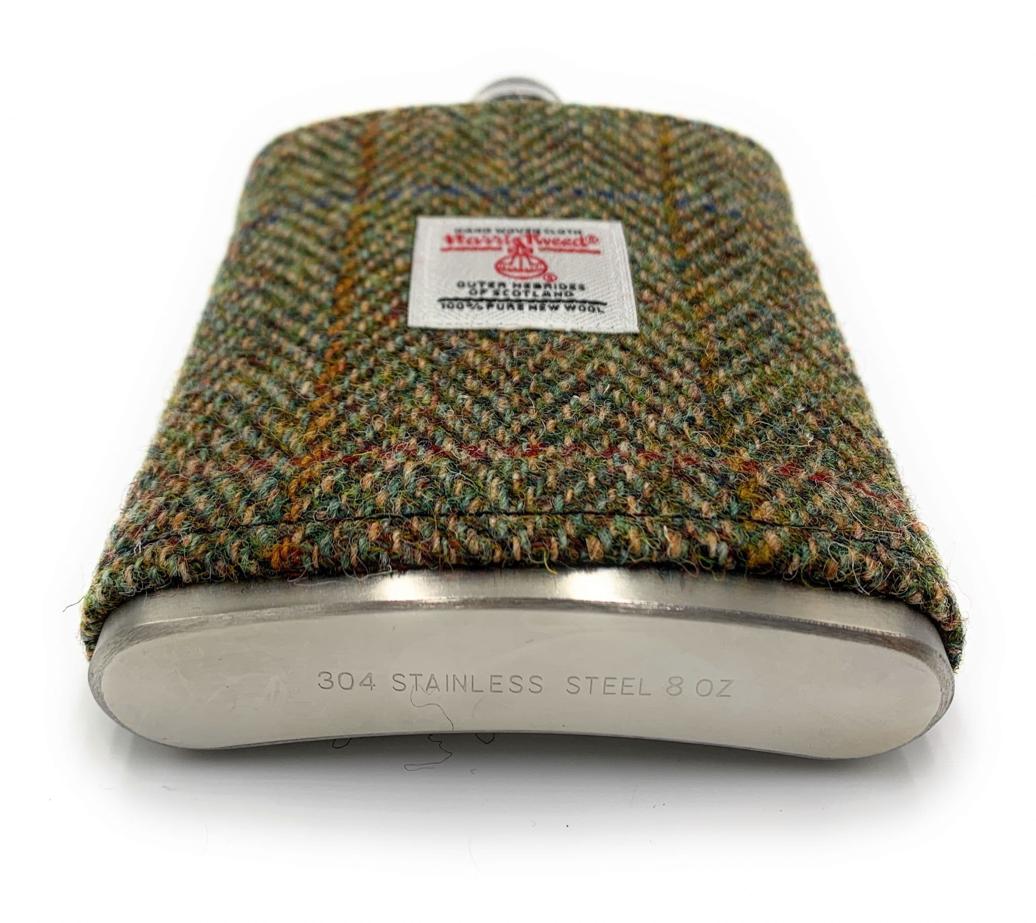Green Herringbone Harris Tweed 8oz Hip Flask