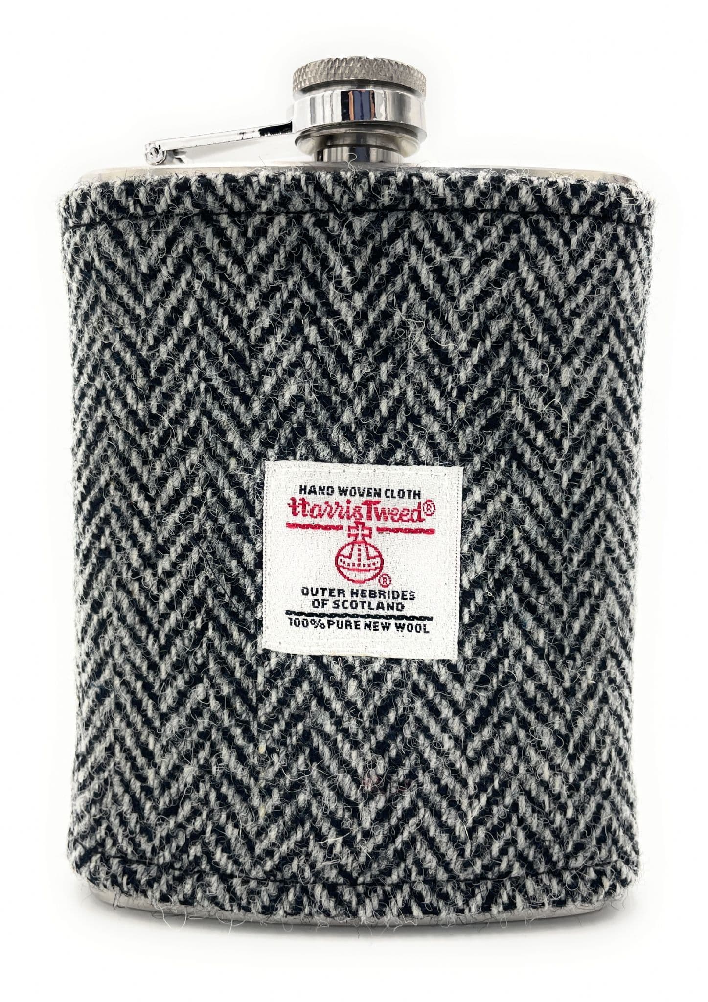 Grey Herringbone Harris Tweed 8oz Hip Flask