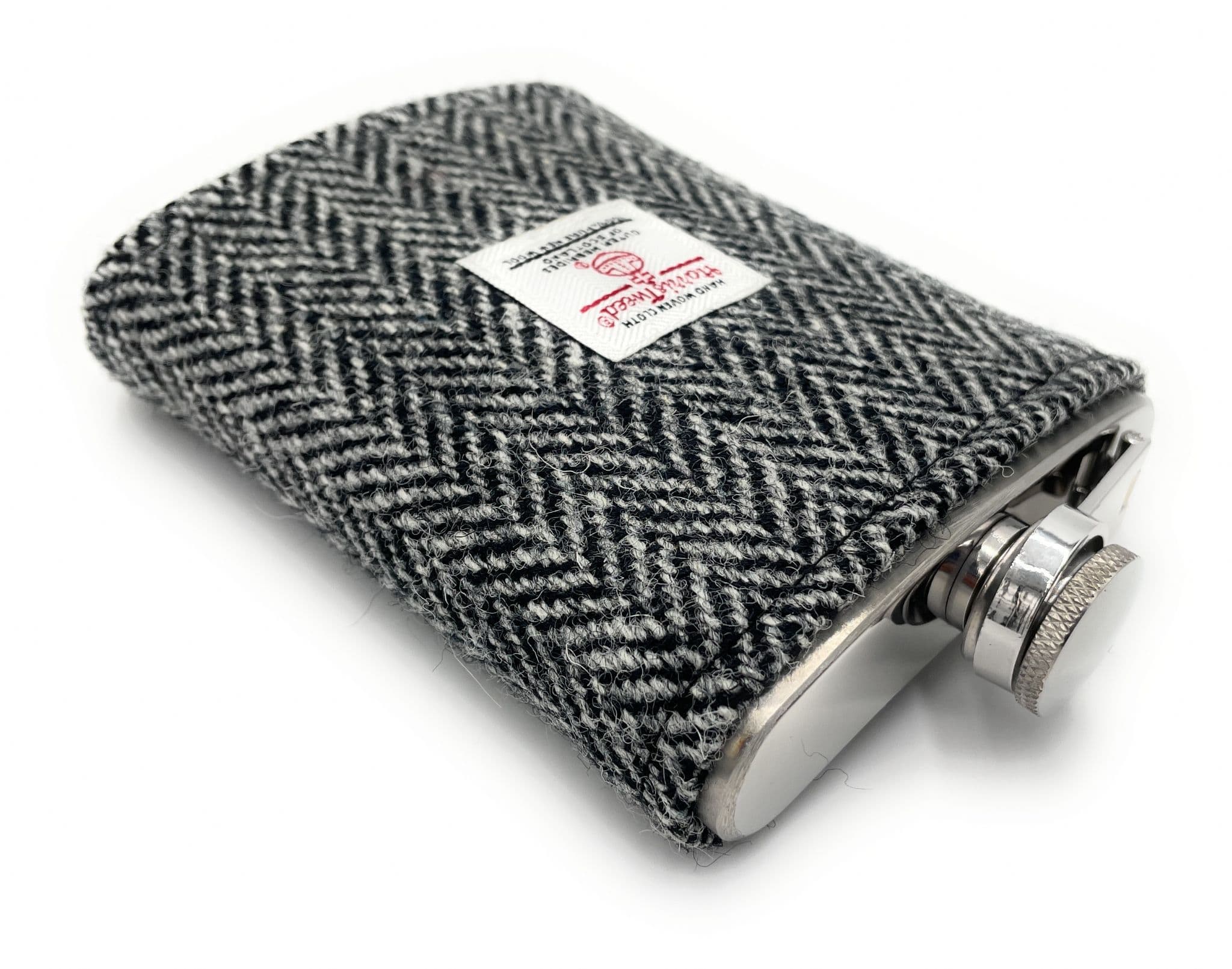 Grey Herringbone Harris Tweed 8oz Hip Flask