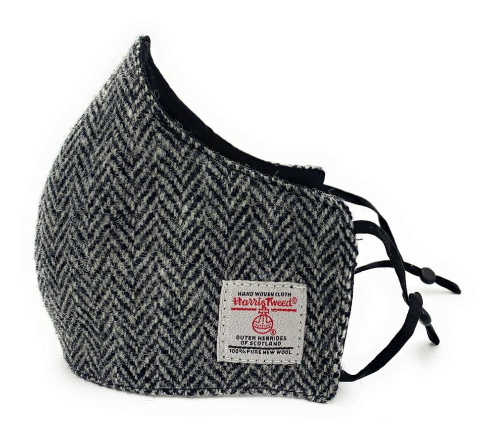 Harris Tweed Face Mask Adjustable Strap Grey Herringbone Unisex One-Size