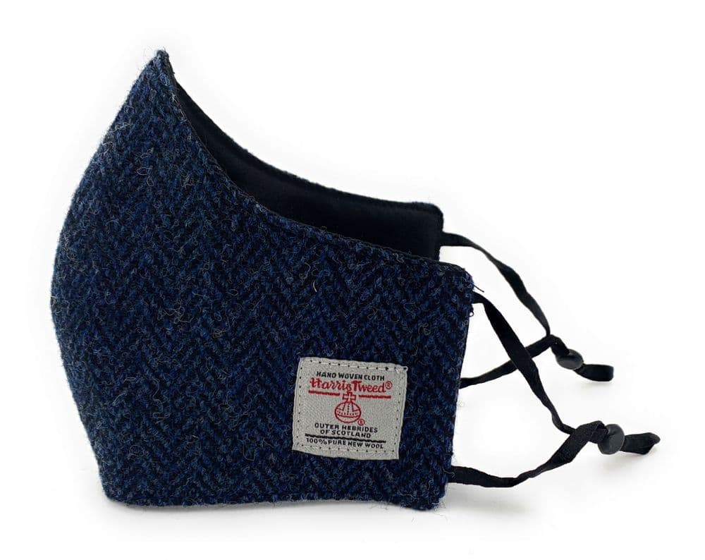 Harris Tweed Face Mask Adjustable Strap Navy Herringbone Unisex One-Size
